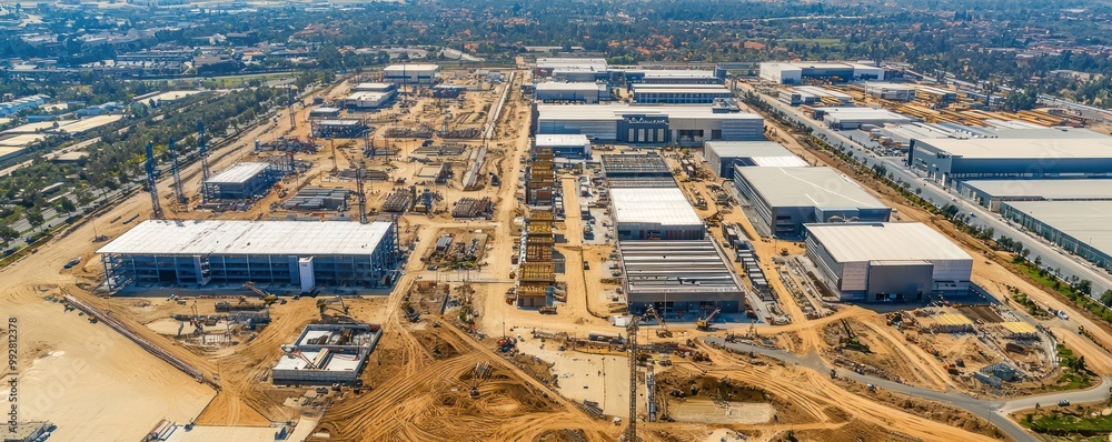 Aerial view of a sprawling industrial park under construction, with ...
