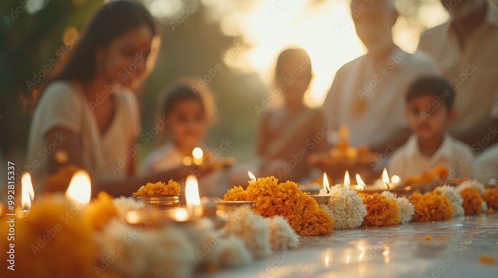 Family celebrating Diwali festival with candles and marigold flowers ...