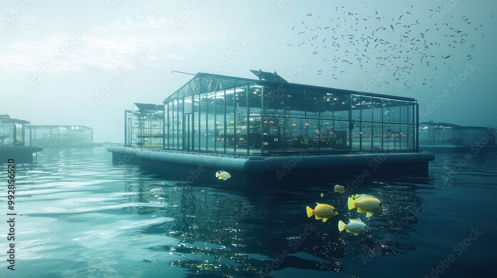 Blueprint of a floating fish farm, detailing ecosystem-friendly ...