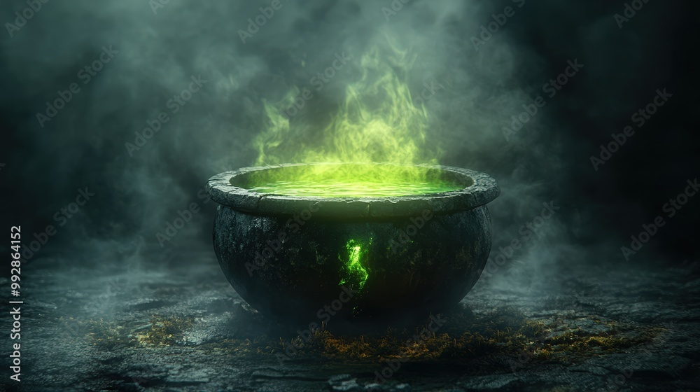 Old cauldron bubbling with glowing green liquid, thick fog rolling over ...
