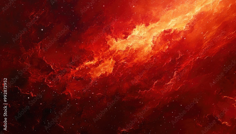 Fantasy illustration featuring a vibrant red nebula in a cosmic space ...