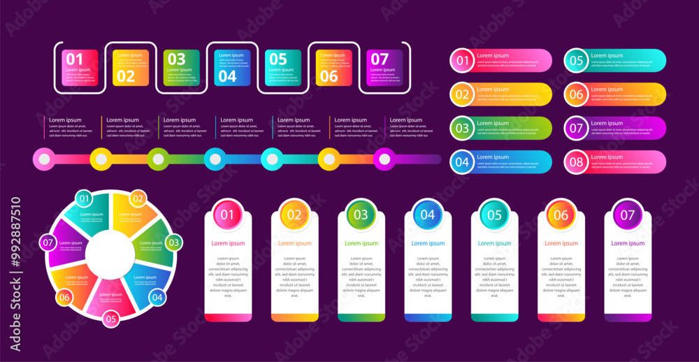 Infographic 7 Elements Vector Set. Timeline Seven Key Points. Text ...