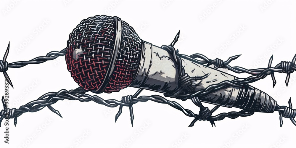 Concept of free expression depicted by a microphone ensnared in barbed ...