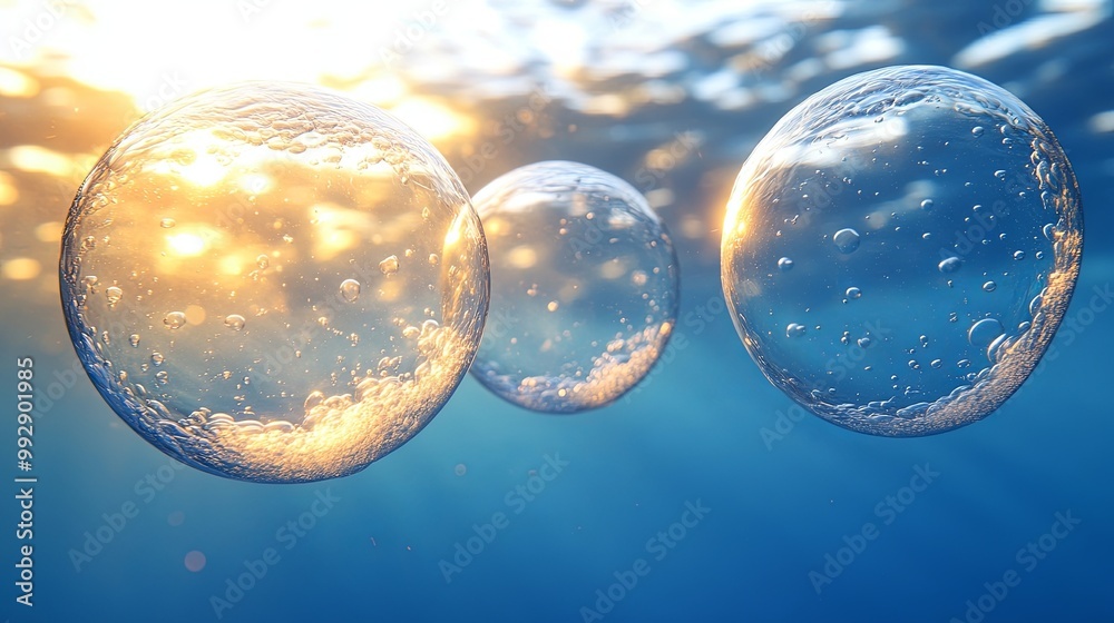 Three glistening bubbles rise to the surface, refracting the golden ...
