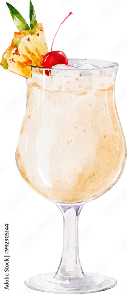 Watercolor vector Pina Colada illustration. Alcohol long drink clipart ...