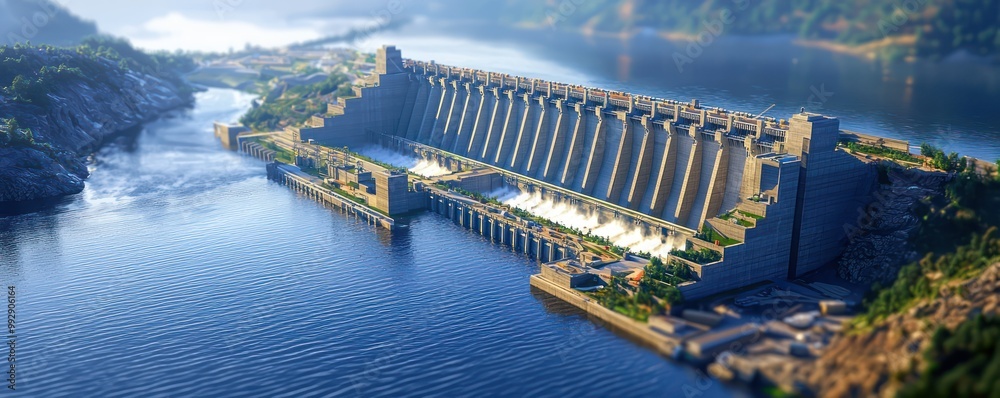 Hyper-realistic depiction of a large-scale dam construction project on ...