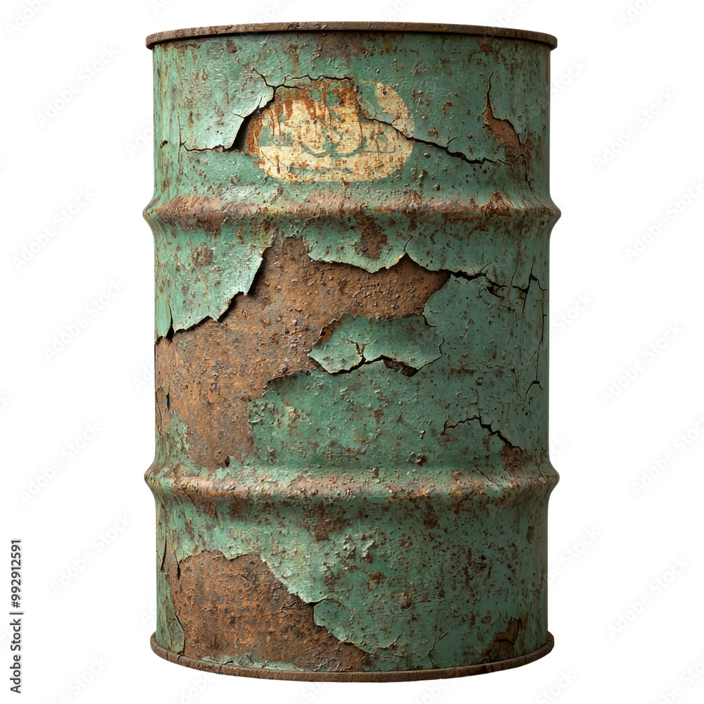 Rusty green metal barrel with flaking paint and weathered texture on a ...