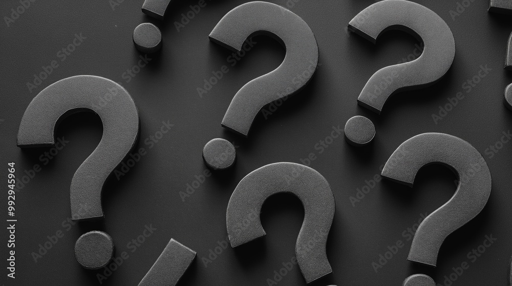 Multiple question marks floating in dark space, symbolizing uncertainty, decision-making, and ...