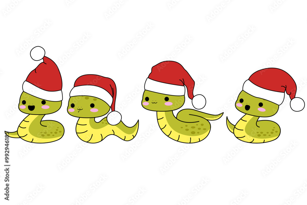 Vector de Stock Cute kawaii snake in Santa Clause hat set, smiling with ...