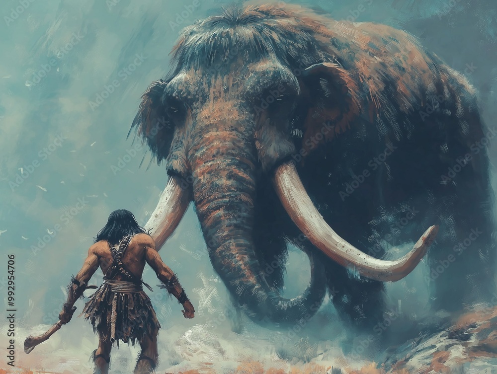An ugly-looking Neanderthal warrior with a stone weapon attacks a ...