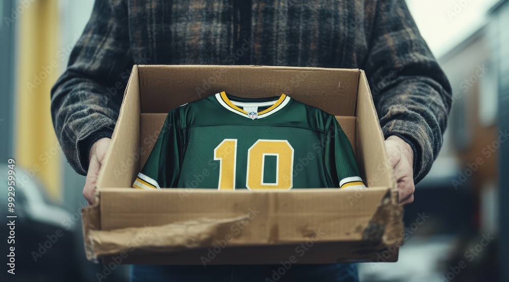 Person holding an open cardboard box with a green and yellow sports ...