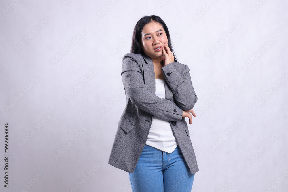 gesture beautiful young woman indonesia gaping toothache candid hand ...