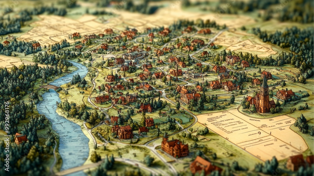 detailed map of a town featuring cadastral boundaries, property lines ...