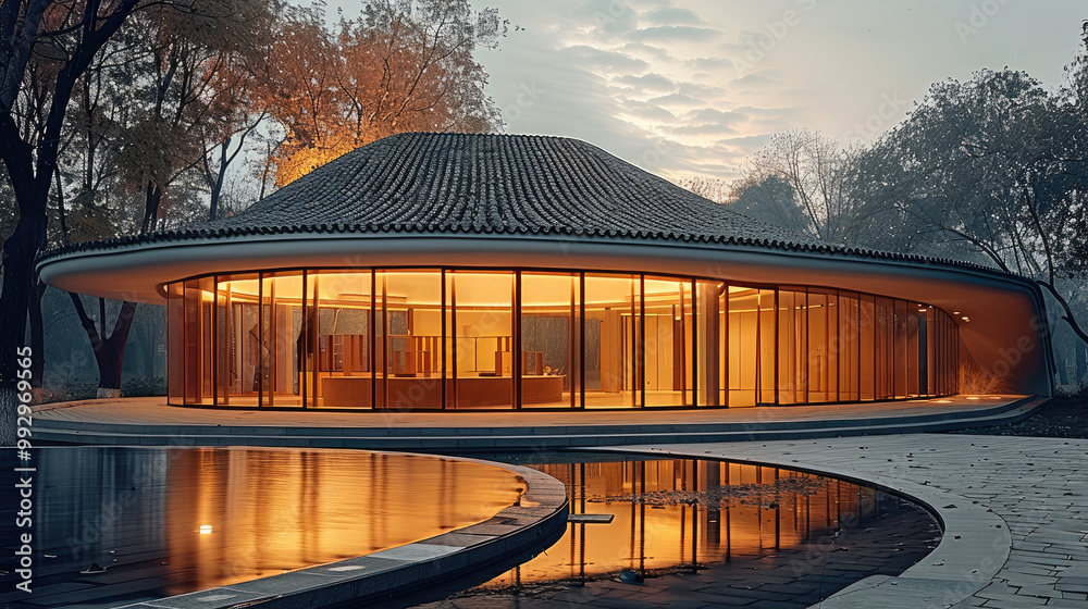 Round roof, tiled roof building, glass curtain walls, warm lighting ...