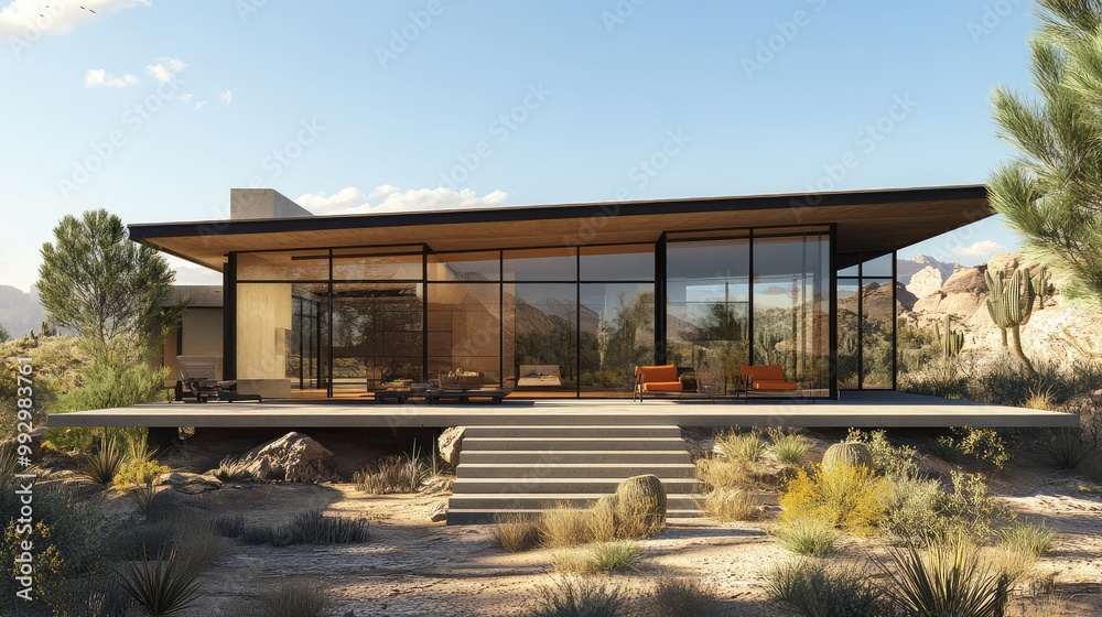 Modern cabin in the high desert with sweeping views of arid landscapes ...