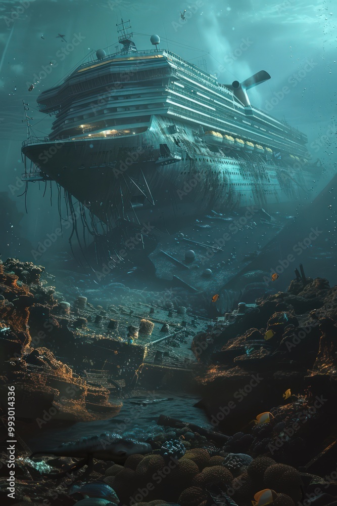 An eerie underwater scene of a cruise ship's broken hull resting on the ...