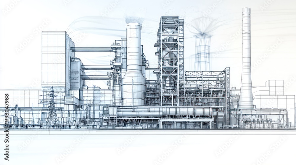 Technical drawing of a thermal power station, showing boilers, turbines ...