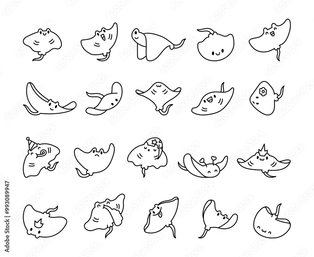 Cute kawaii stingray. Coloring Page. Funny cartoon character from the ...