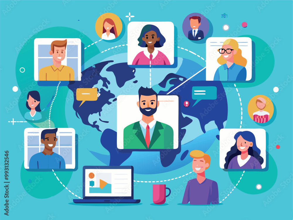 Remote Teamwork and Global Collaboration: A vector illustration of ...
