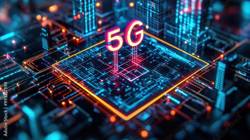 Virtual city grid displaying 5G coverage areas connected to AI hubs, 5G ...