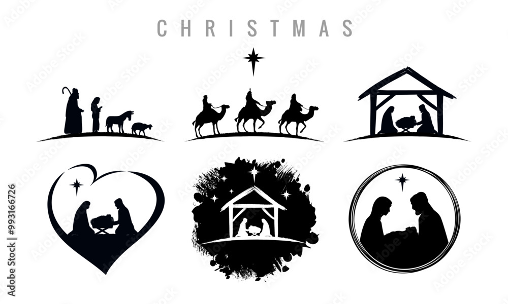 Nativity Christmas icons set, manger with baby Jesus, Joseph, Mary ...