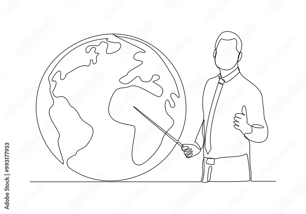 Continuous single line sketch drawing of standing presenter man doing ...