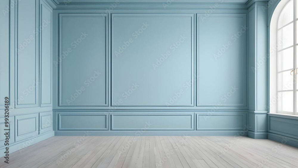 Empty blue room studio against classic wall panels. Modern pastel color ...