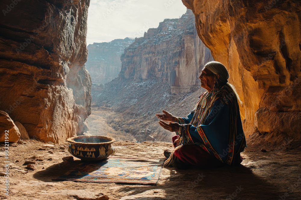 elder performing land blessing in sacred canyon, spiritual connection ...