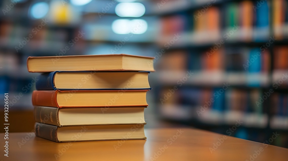 Book stack on wood desk and blurred bookshelf in the library room ...