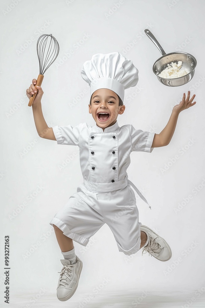 Happy young boy wearing white chef's uniform,jumping in air with ...