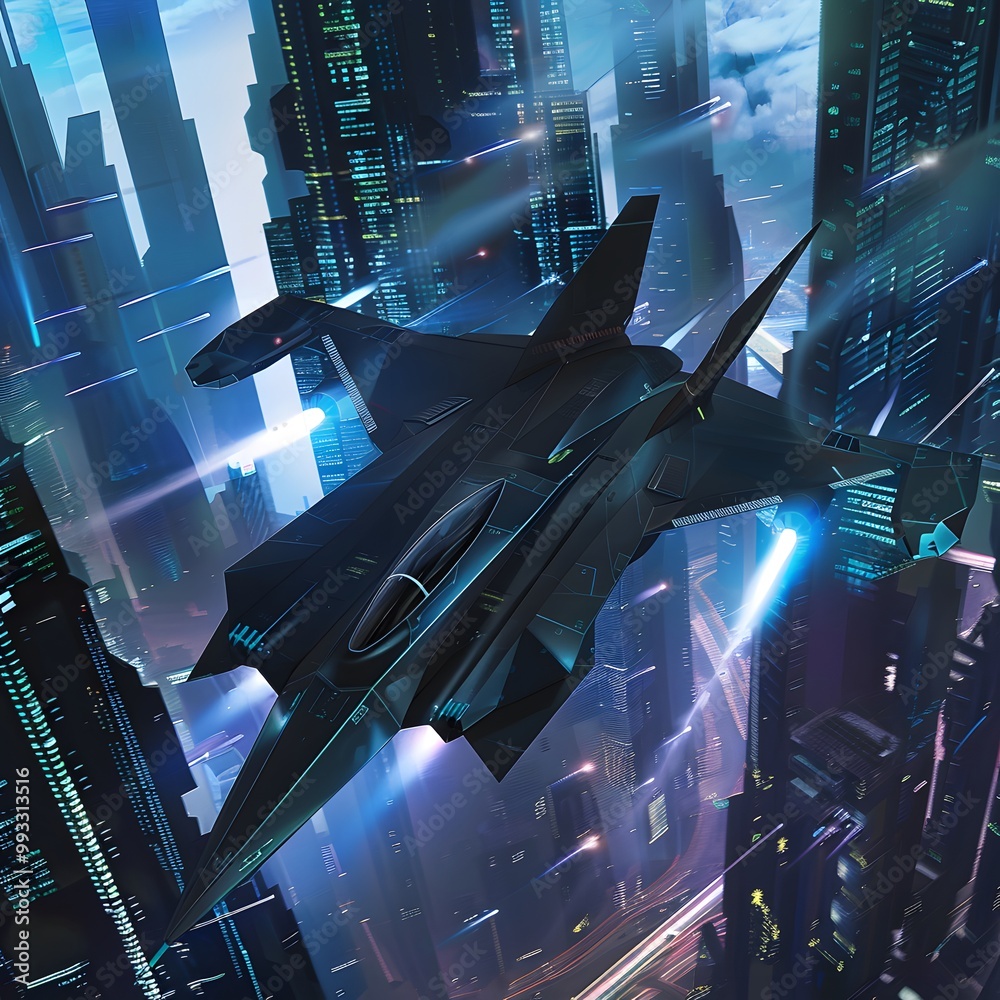 Advanced Stealth Fighter Jet with Sleek, Angular Design and Glowing ...