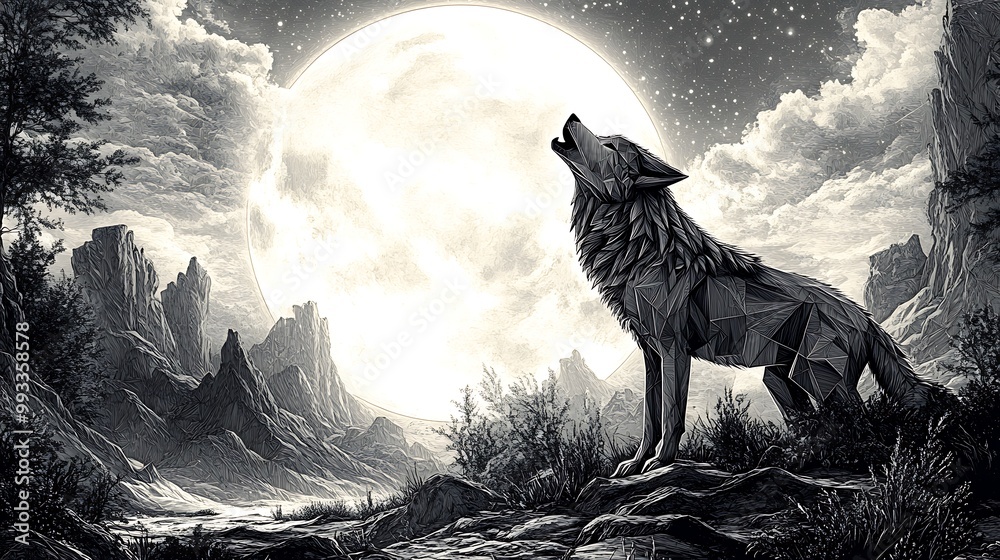 A geometric wolf howling at a large full moon, its angular body ...