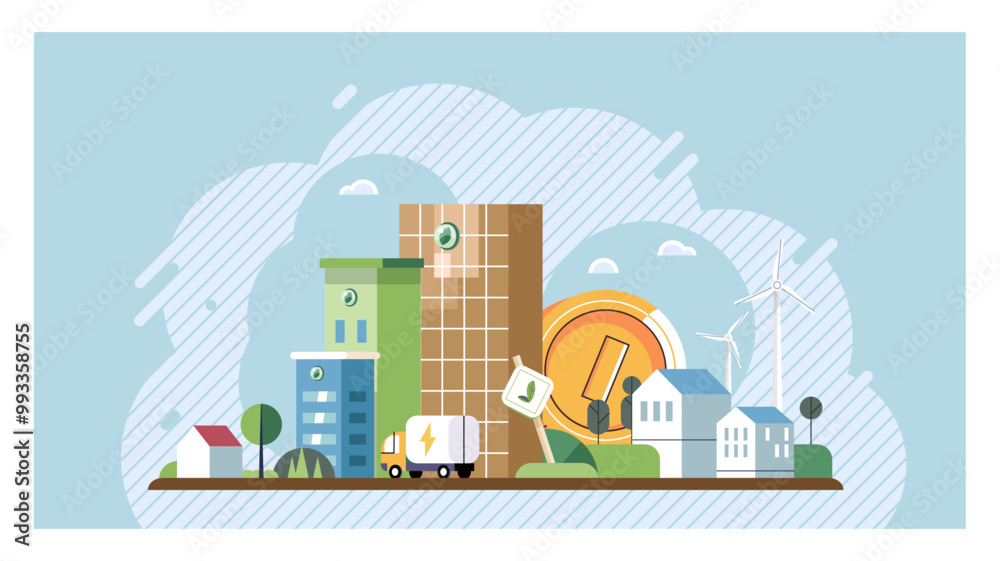 Clean energy concept. Cityscape with buildings powered by renewable ...