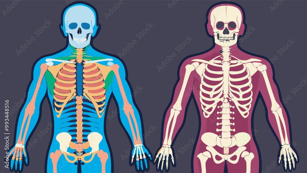 Diagram showing two human skeletons side-by-side: one blue and one red ...