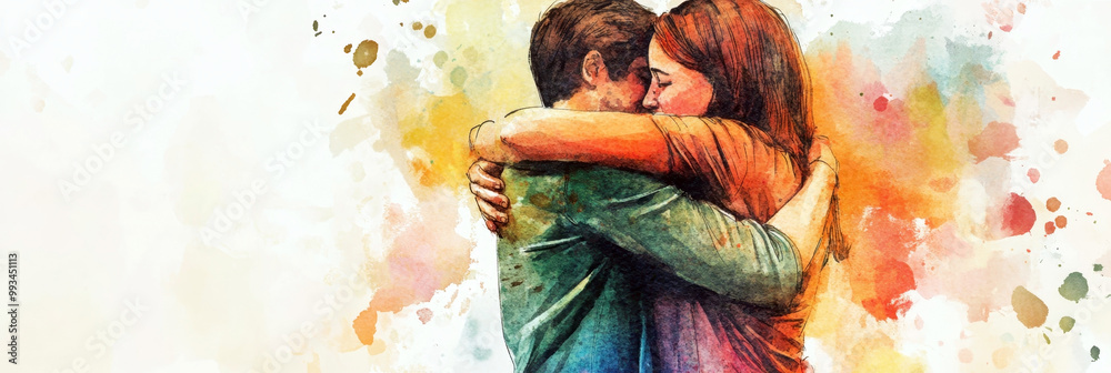 Happy World Hugging Day. Watercolor illustration. Young boy and girl ...
