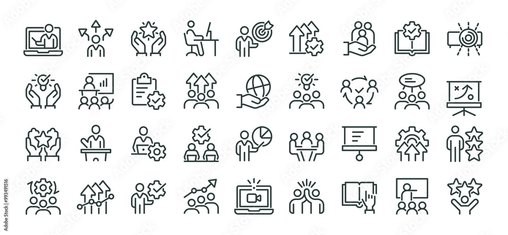 Workshop, team building, coaching meeting icons pack. Such line signs ...