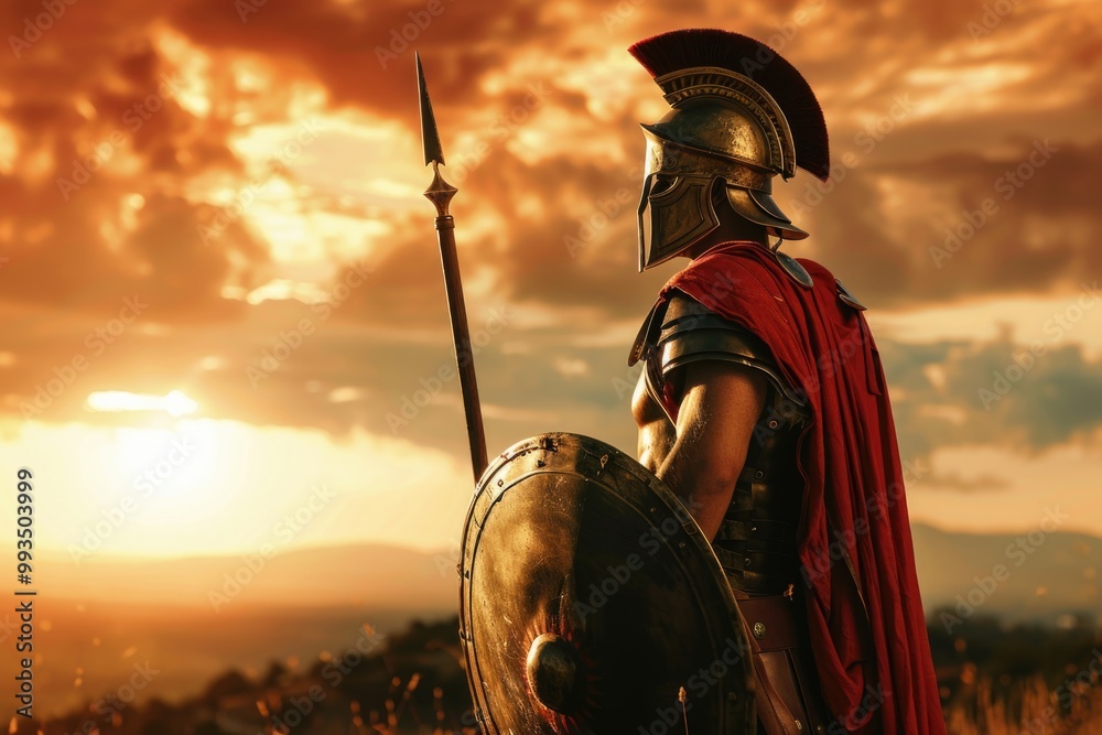 Spartan warrior in red cloak and iron helmet holding spear, shield and ...
