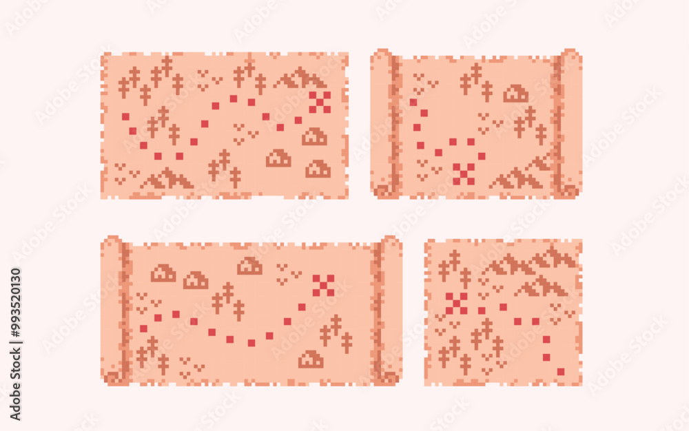 Ancient papyrus maps pixel art set. Medieval old scroll with treasure ...