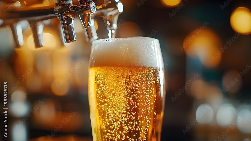 Beer being poured into glass, golden lager with frothy head, close-up ...