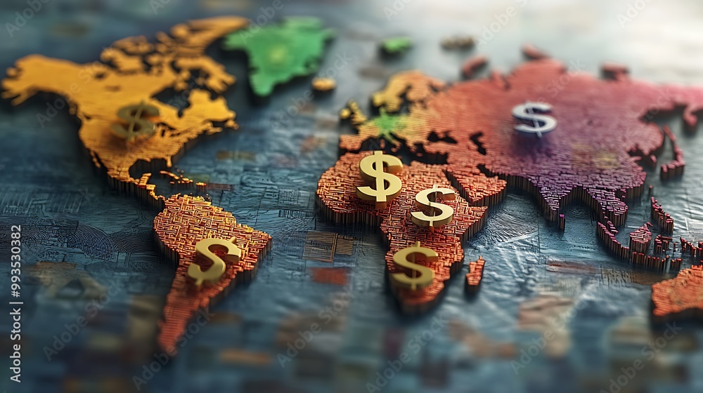 World Map with Currency Symbols A 3D model of a world map where each ...