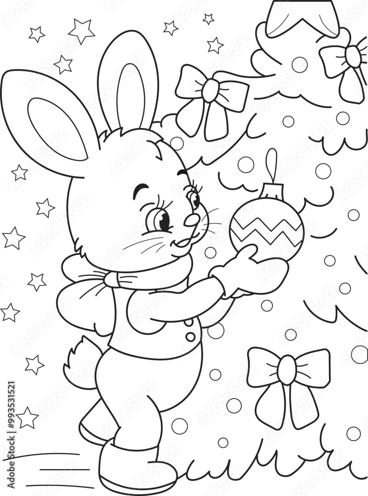 Coloring page outline of the cartoon smiling cute rabbit decorates a ...