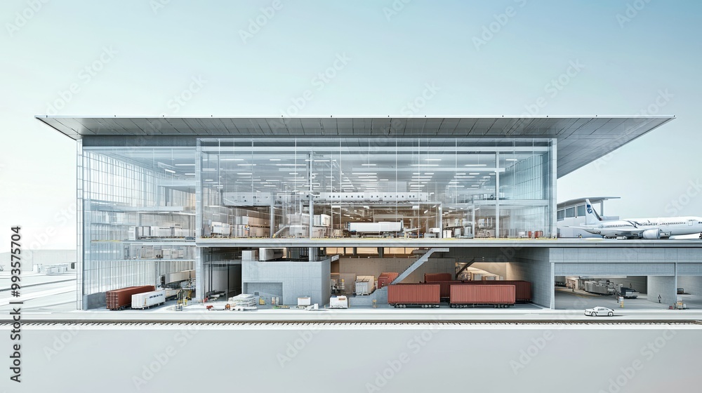 Detailed cross-section of a multi-modal freight terminal, integrating ...