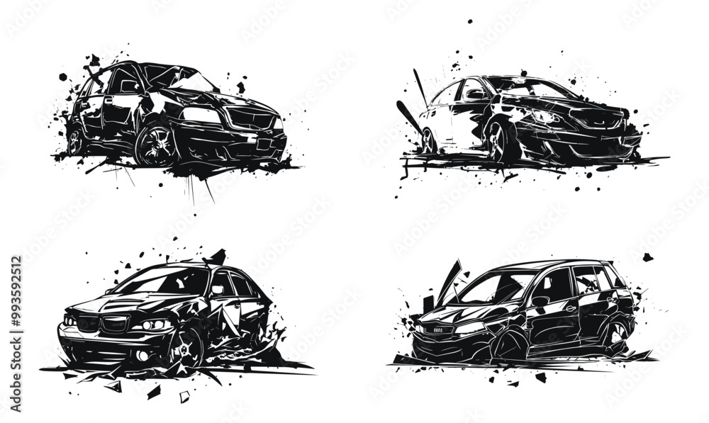 Set of crashed cars in various damage states, detailed vector ...