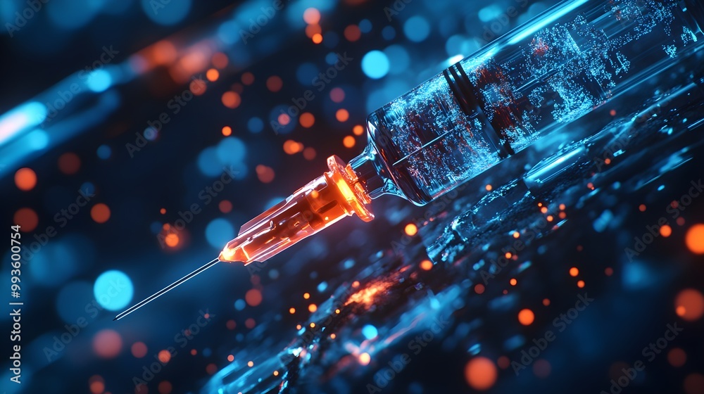 Syringe needle piercing the skin, with a detailed holographic overlay ...