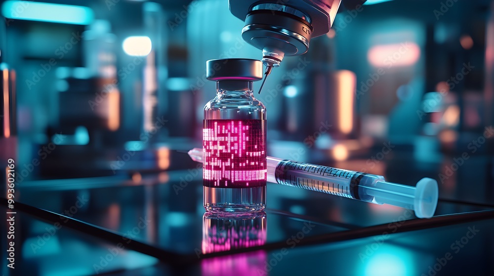 Vaccine vial being unsealed in a sterile lab, syringe filled, with ...