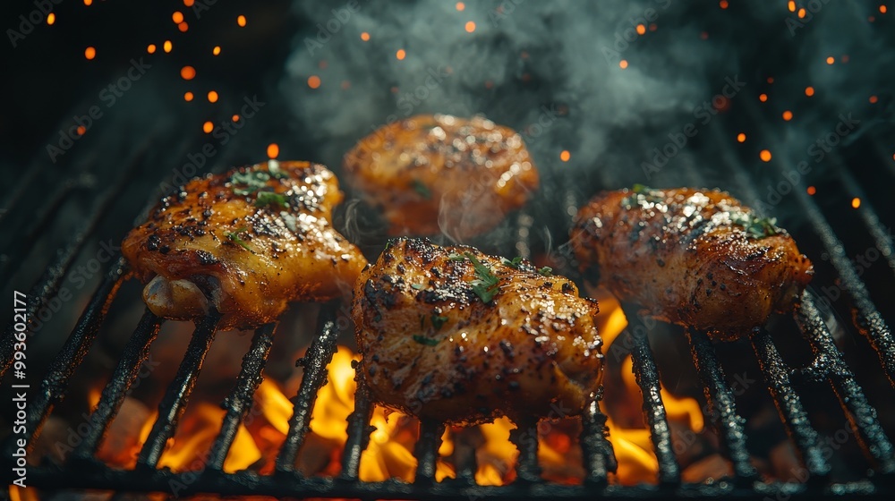Chicken thighs smoked on a traditional grill, fiery embers below ...