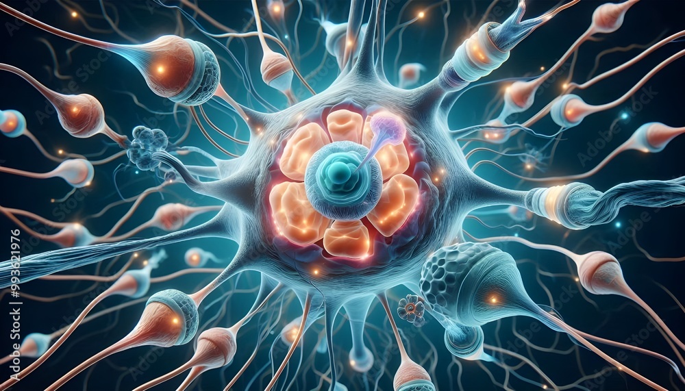 Ilustración de Stock Synapse and neuron in 3D brain illustration ...