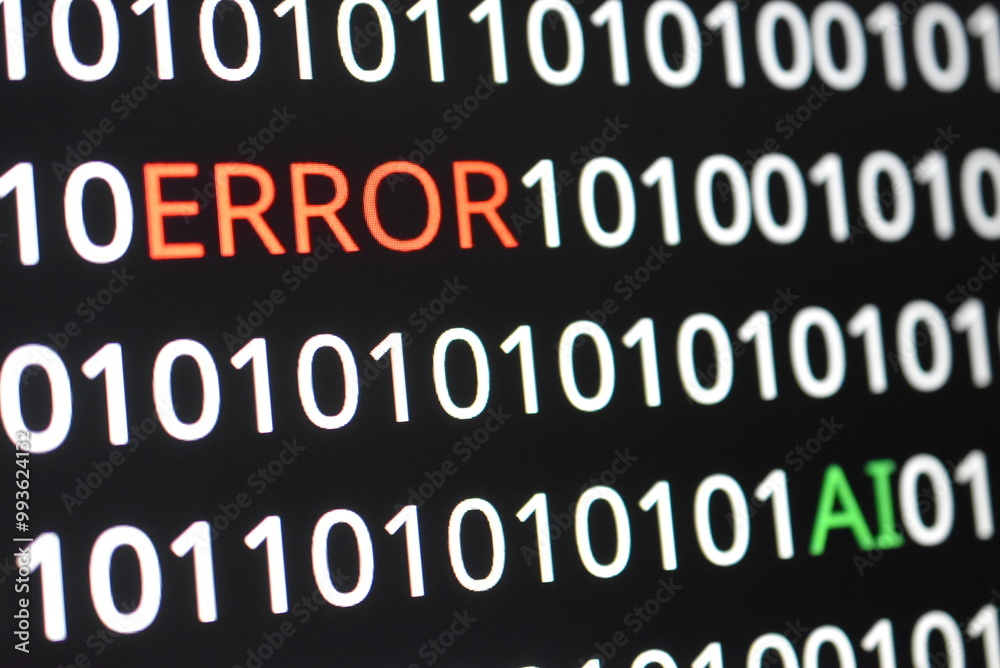 The image contains binary code lines with the words "ERROR" in red and ...