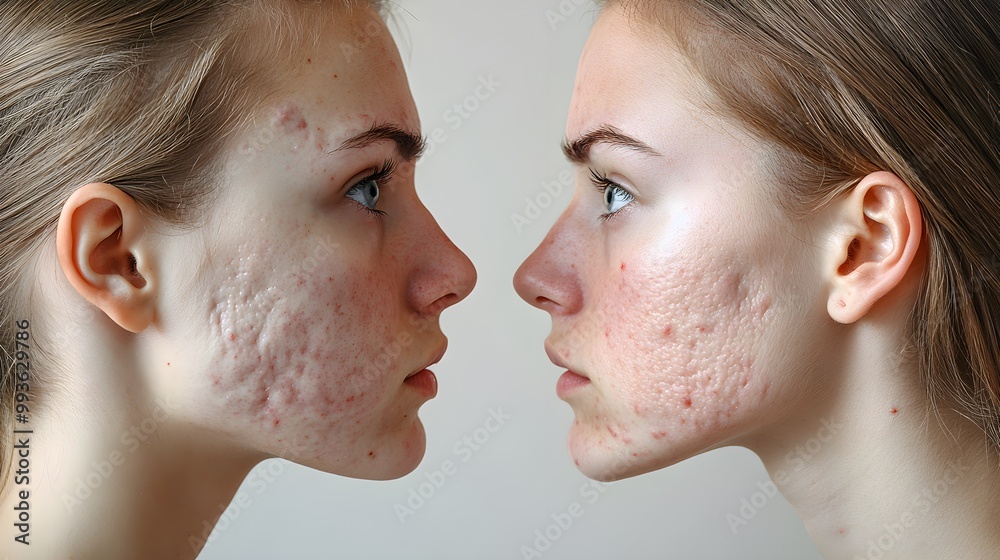 Dual face view One side with active cystic acne, the other shows ...