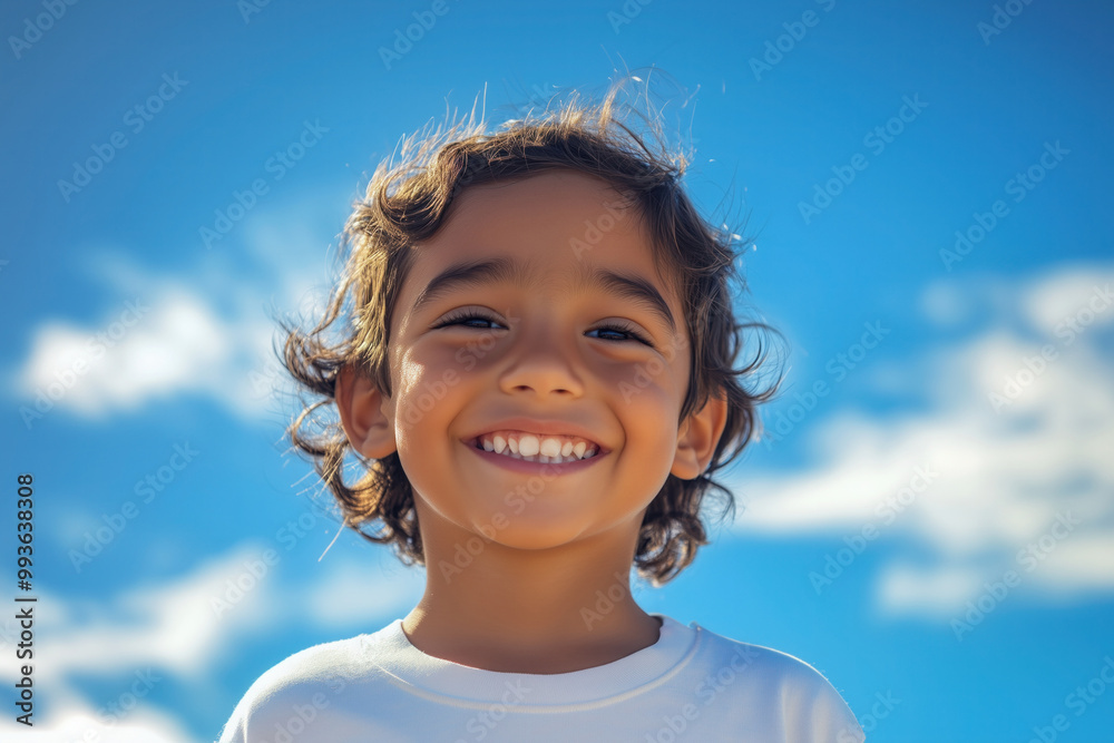 Smiling hispanic kid boy against bright blue sky on the background ...